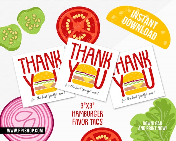 INSTANT DOWNLOAD Hamburger Favor Tags | Printable Birthday BBQ Favor ...