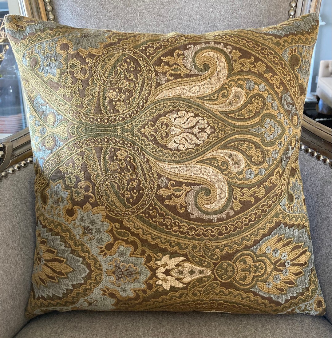 Vintage Woven Brocade Pillow Cover Only 17"x17" Brown Blue Background ...
