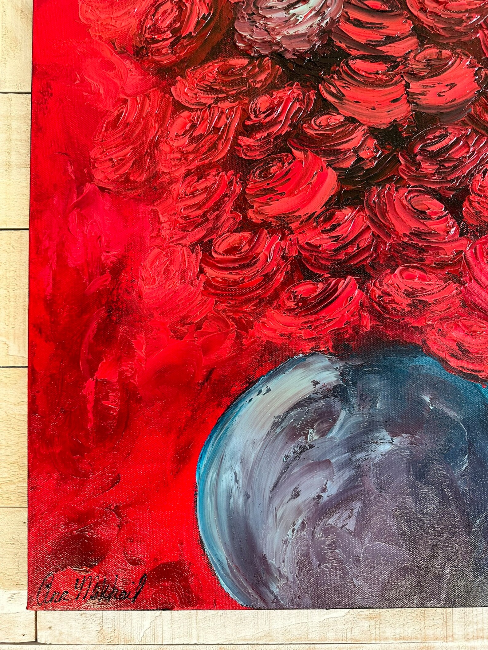 Original Oil Painting Abstract Red Roses Bouquet Floral Arrangement ...