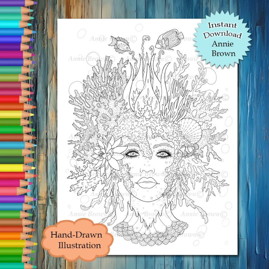 Coral Reef Mermaid Coloring Page, Printable Hand-drawn Fantasy Art by ...