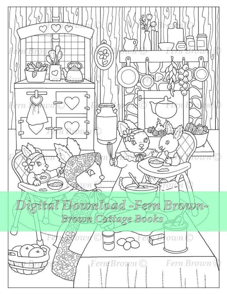 Bunny Kitchen Coloring Page, Printable Hand-drawn Animal Art by Fern ...
