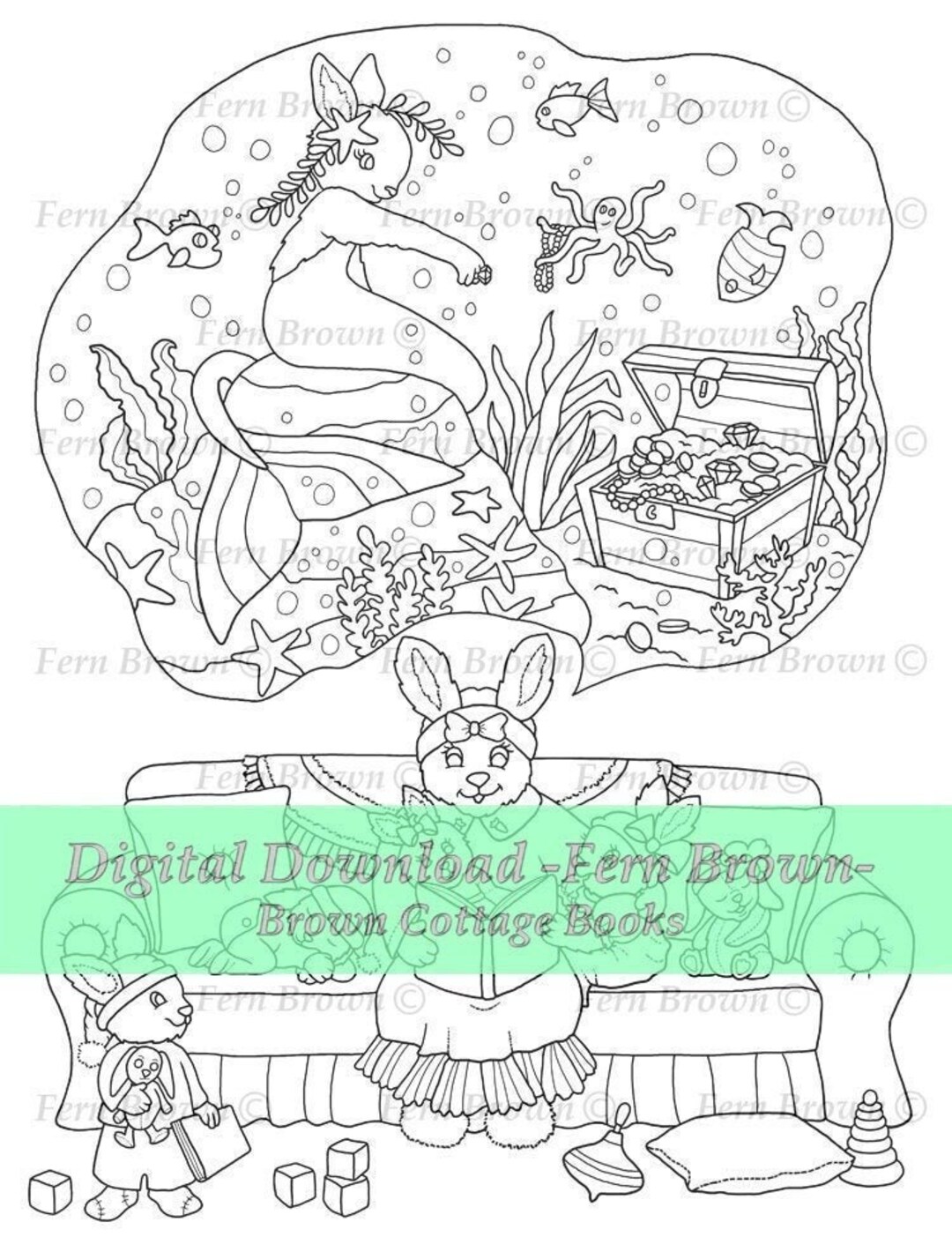 Coloring Page, Rabbits, Printable Download, Animal, Mermaids, Line Art ...