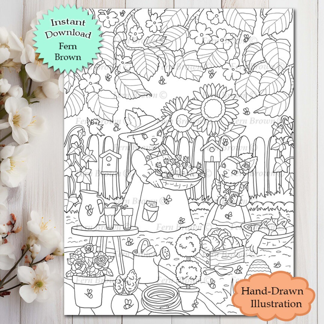 Bunny Garden Coloring Page, Cute Animal Printable Art, Instant Download ...