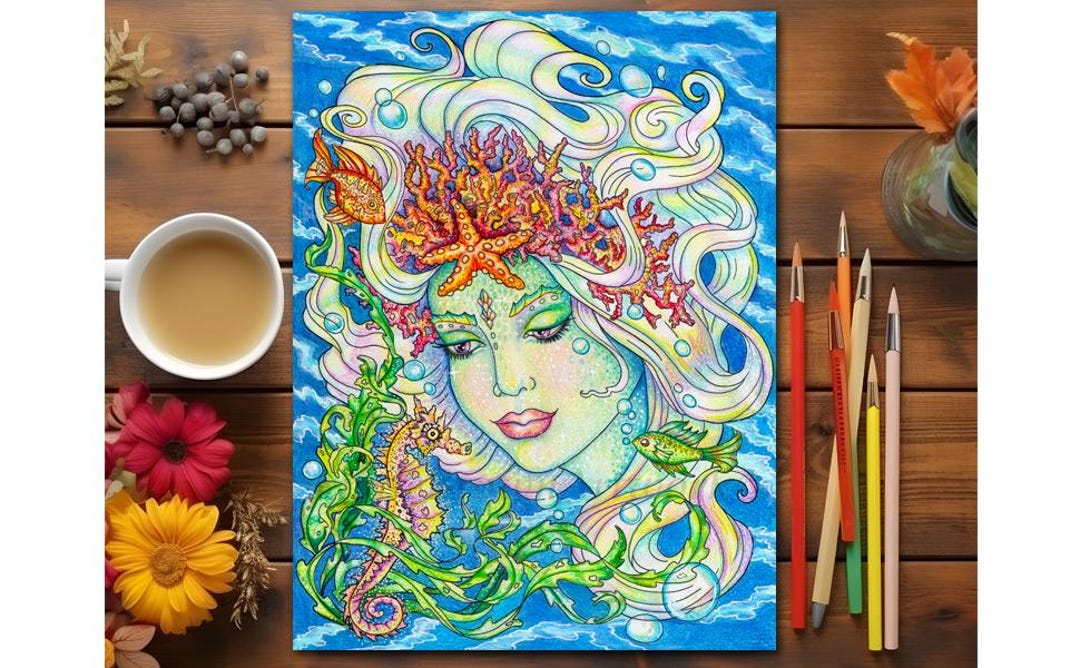Seahorse Mermaid Coloring Page, Printable Line Art by Annie Brown, Hand ...