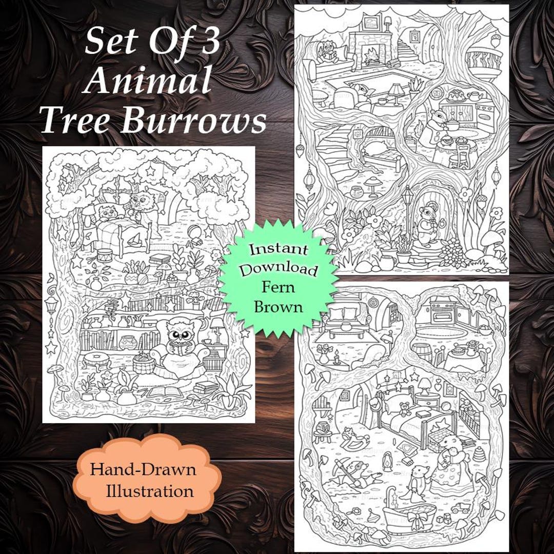 SET of 3 Animal Tree Burrows Coloring Page Instant Download Printable ...