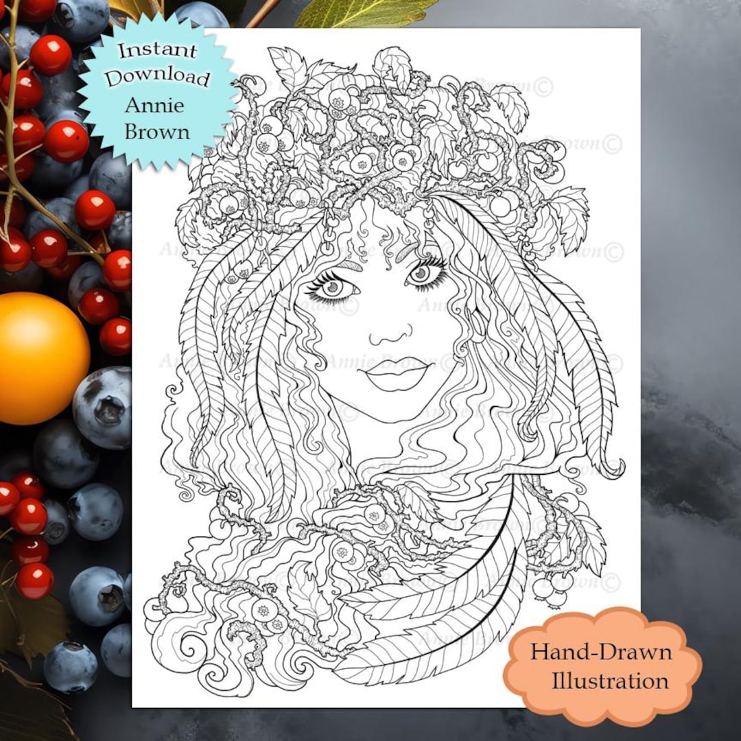 Blueberry Fairy Maiden Coloring Page – Printable Line Art (JPEG) by ...