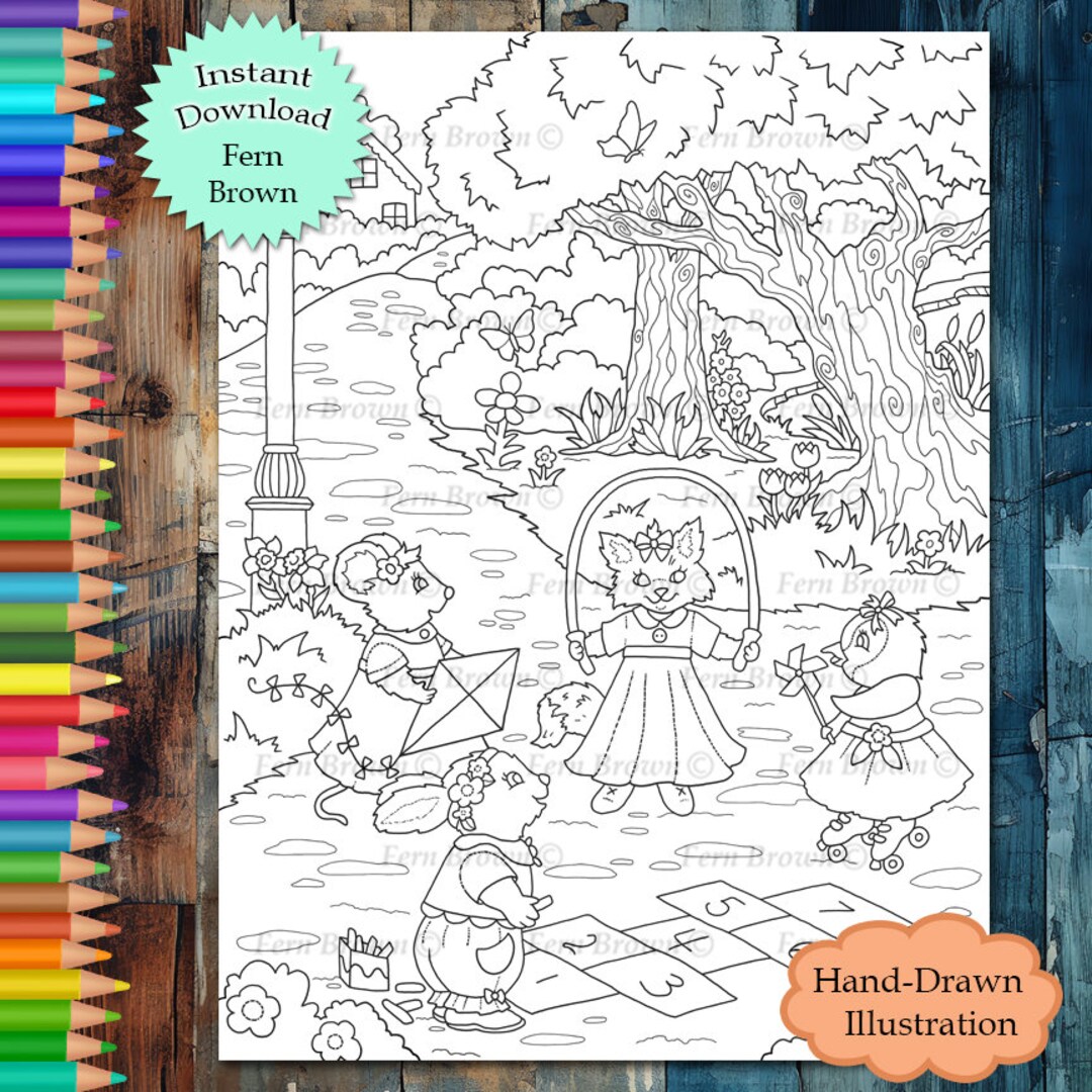 Bunny Friends Playing Coloring Page Instant Download Printable File ...