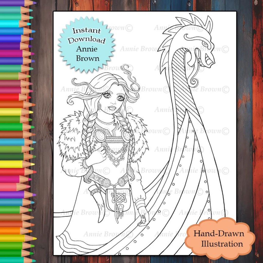 Viking Maiden Cutie Coloring Page, Fantasy Printable Hand-drawn Art by ...