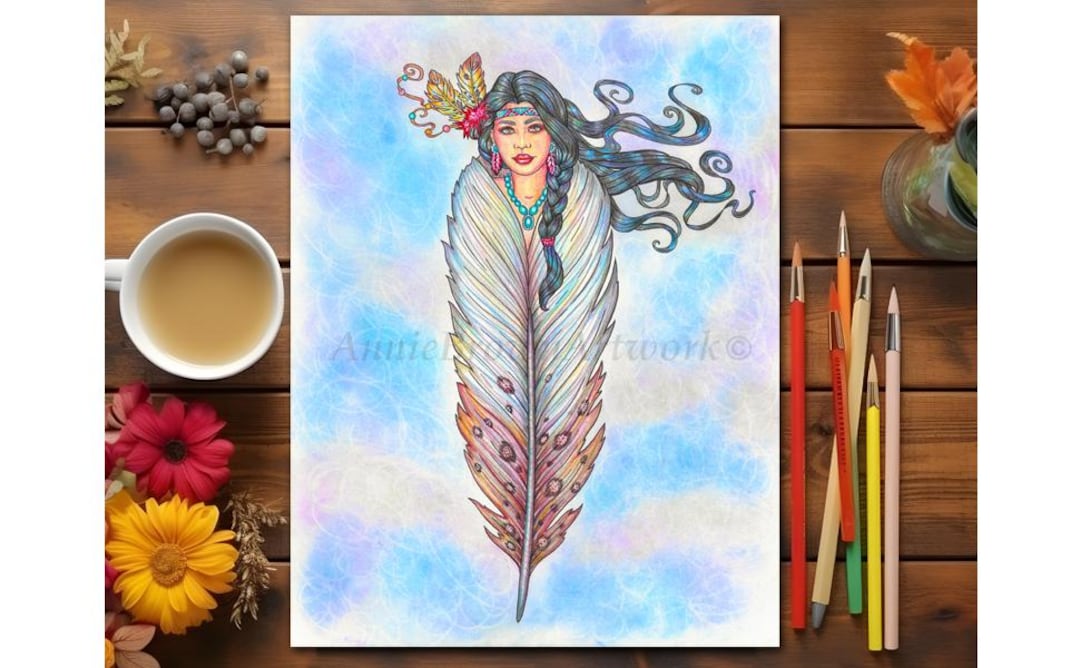 Feather Maiden Coloring Page, Printable Hand-drawn Southwest Art by ...