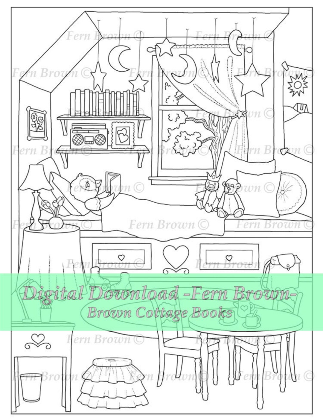 Penguin Sisters Bedroom Coloring Page, Instant Download Line Art by ...