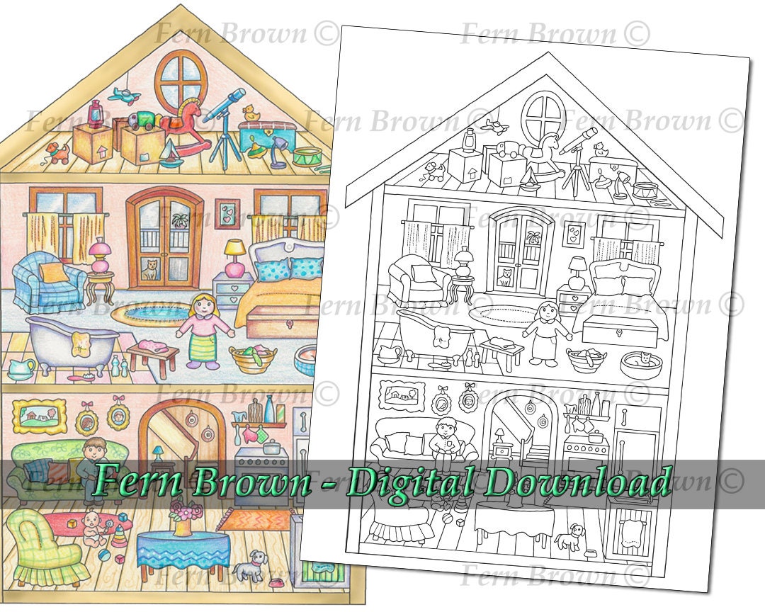 Doll House Coloring Page Family Cozy Home Coloring Instant - Etsy