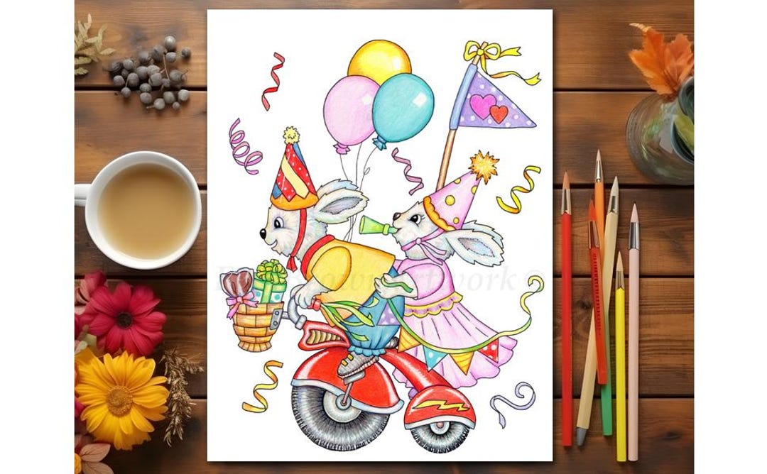 Bunny Birthday Coloring Page Instant Download Printable File Line Art ...