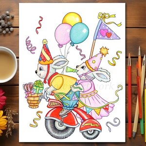Bunny Birthday Coloring Page, Instant Download Line Art Animals by Fern ...