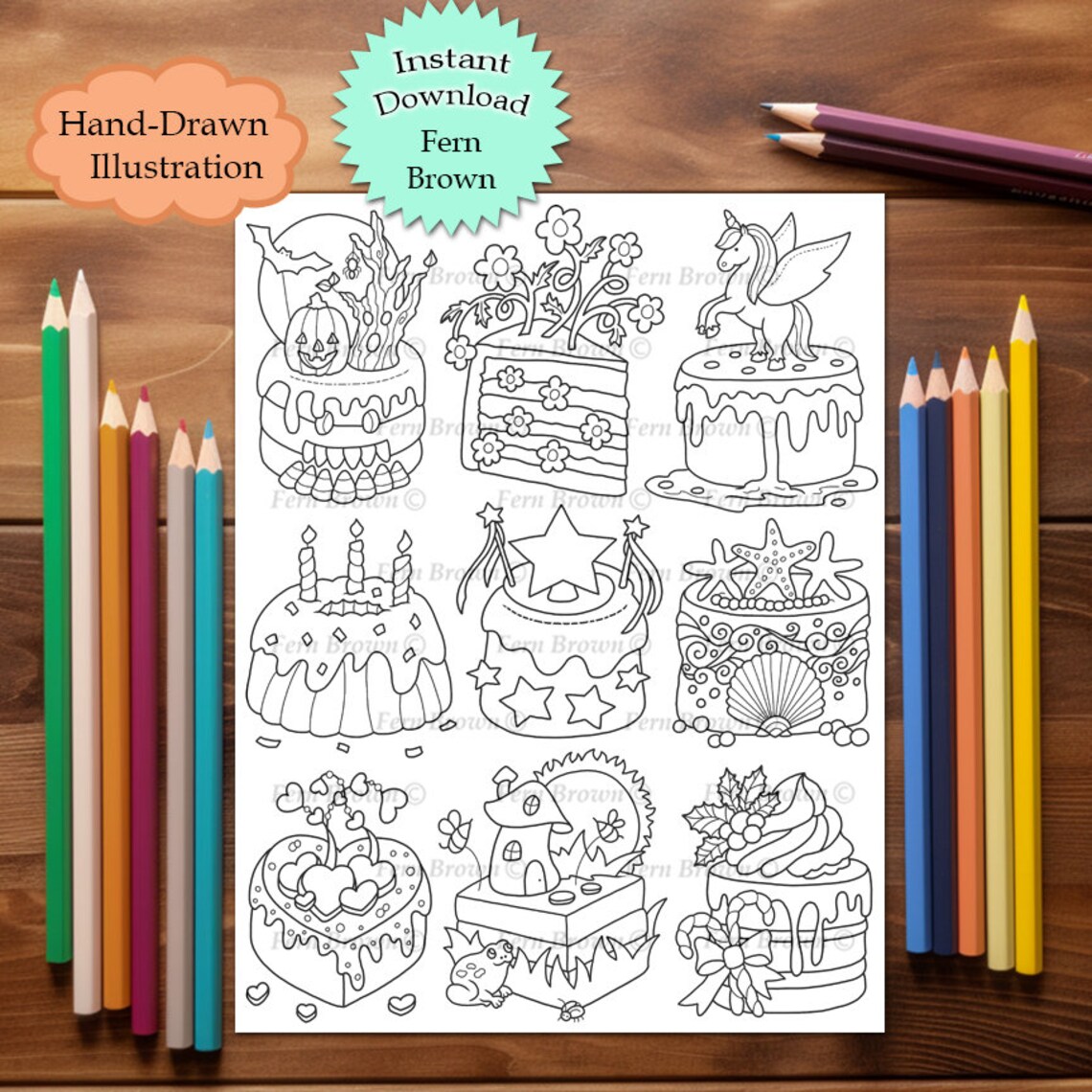 Cakes Coloring Page, Instant Download, Hand Drawn Dessert Food Line Art ...