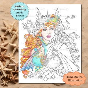 Mermaid Queen Coloring Page, Instant Download Printable File, Line Art ...
