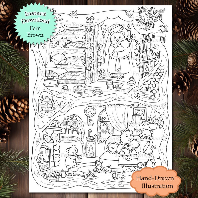 Bear Burrow Coloring Page, Animal Printable Art Line Art by Fern Brown ...