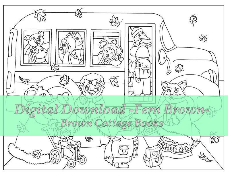 Critters School Bus Coloring Page, Hand Drawn Animal Line Art by Fern ...