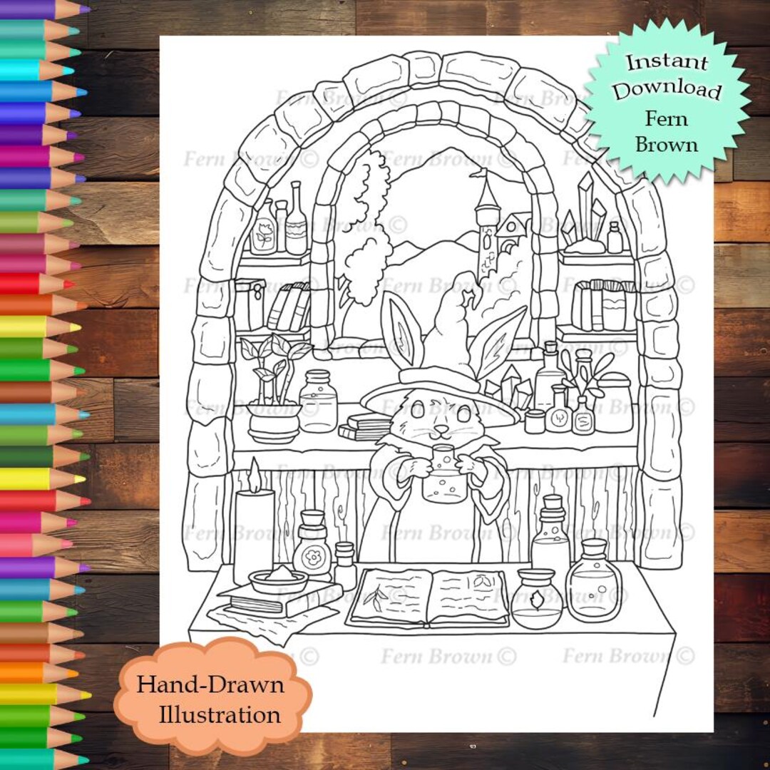 Bunny Wizard Fantasy Animals Coloring Page Instant Download Printable ...