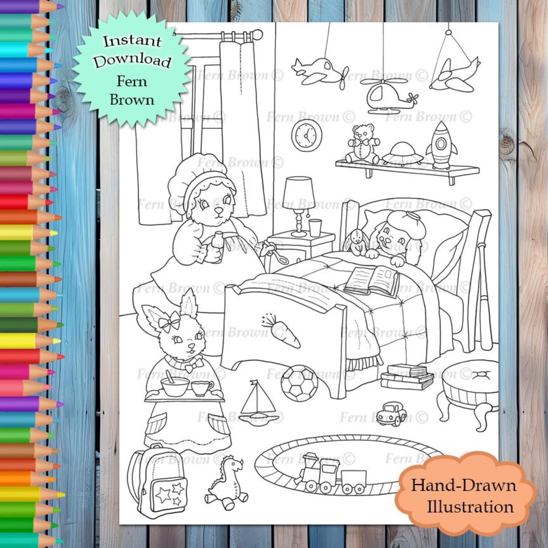 Bunny Sick Day Coloring Page Instant Download Printable File Line Art ...