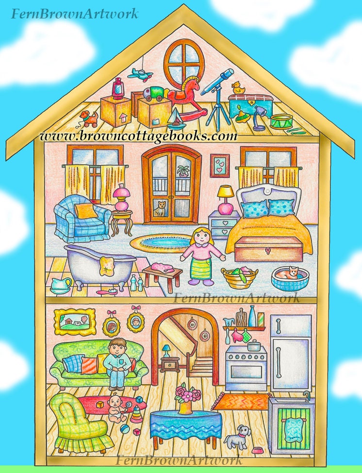 Doll House Coloring Page Family Cozy Home Coloring Instant Download ...
