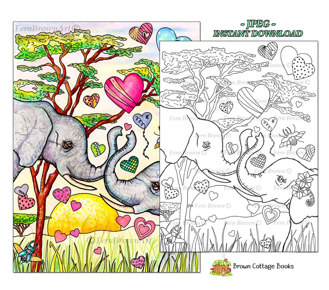 Elephants in Love Coloring Page Instant Download Printable File Line ...