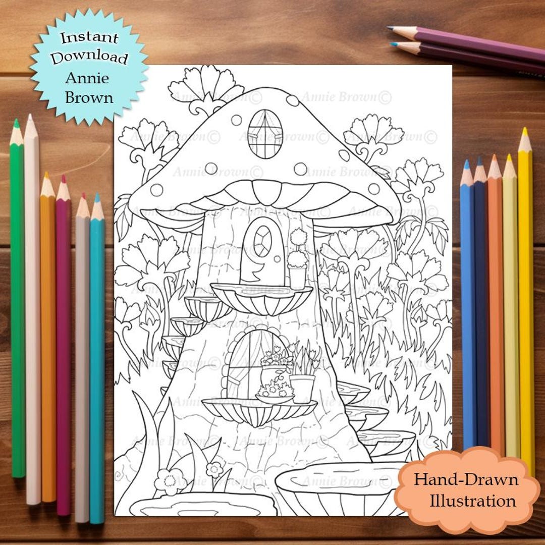 Mushroom Dwelling Fairy Home Coloring Page Instant Download Printable ...