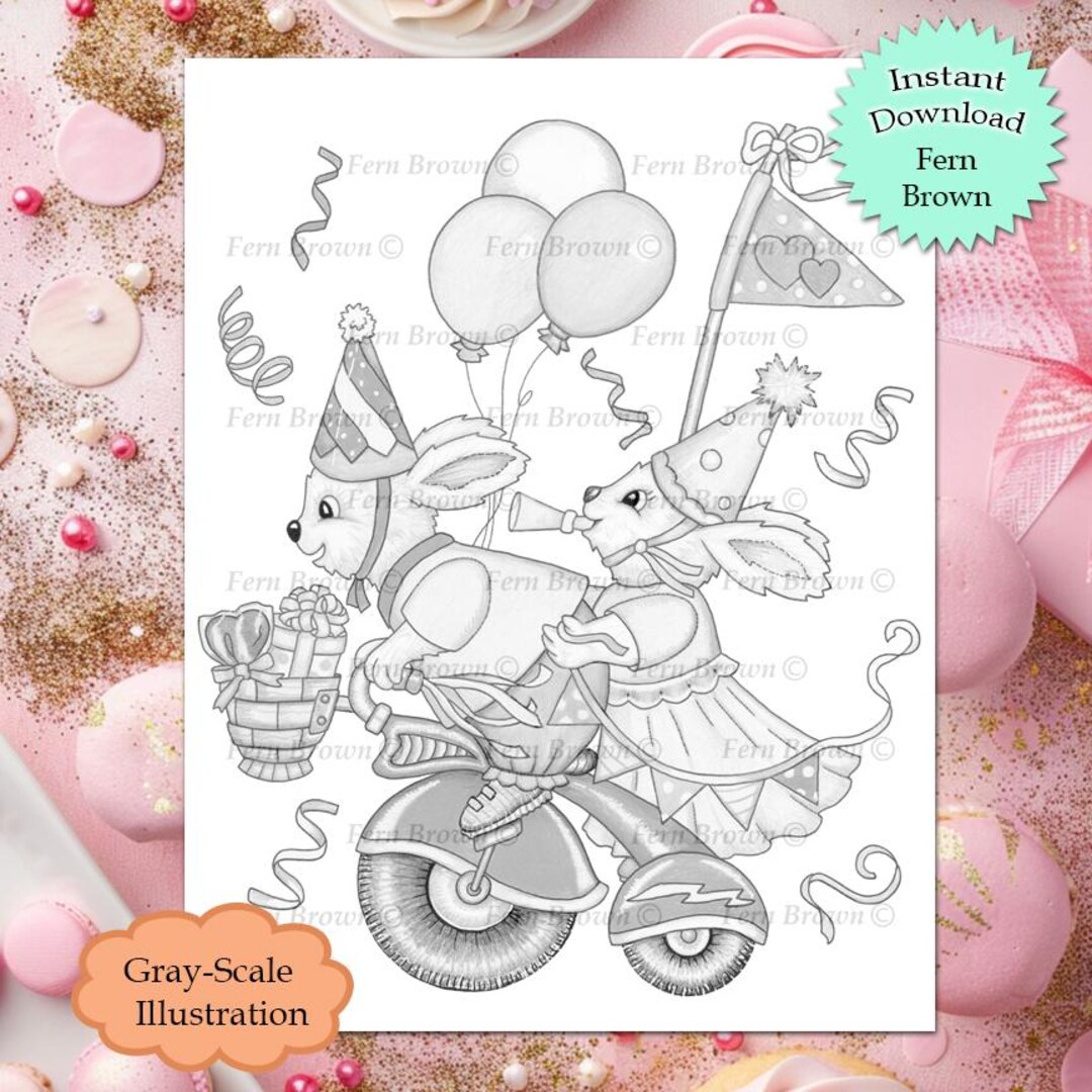 GRAYSCALE Bunny Birthday Animals Coloring Page Instant Download ...