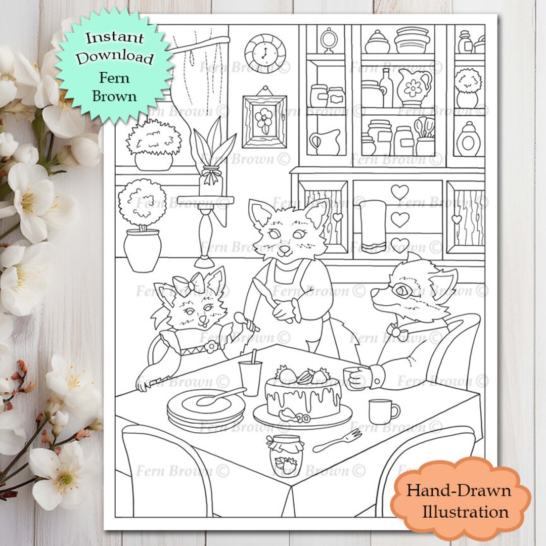 Fox Dining Room Coloring Page Instant Download Printable File Line Art ...