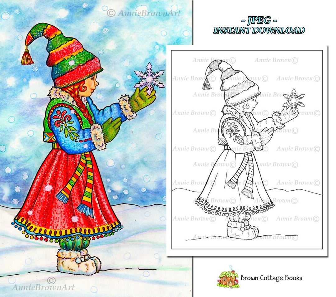 Winter Snow Girl Coloring Page, Printable Line Art by Annie Brown, Hand ...