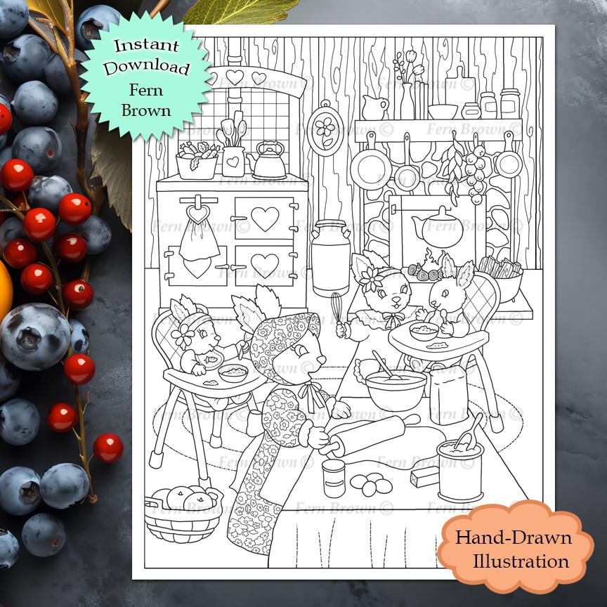 Bunny Kitchen Coloring Page Instant Download Printable File Line Art ...