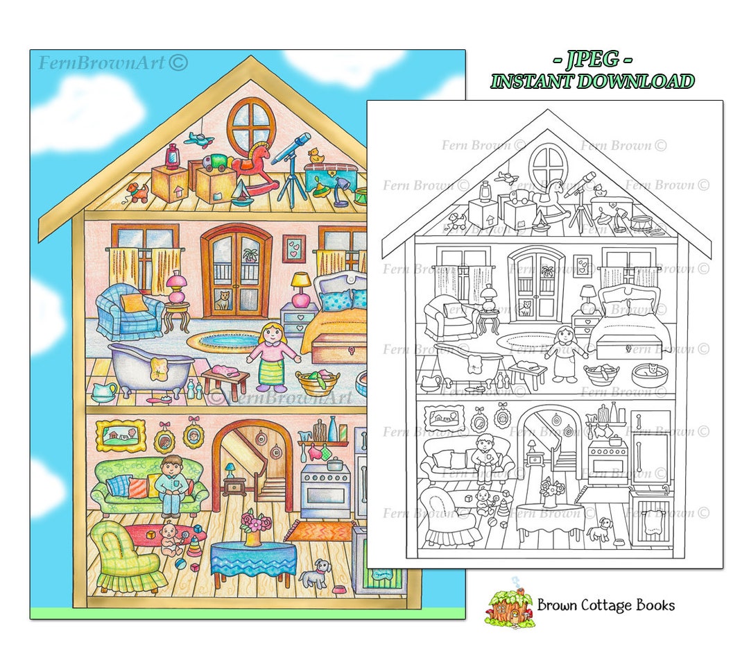 Doll House Coloring Page Family Cozy Home Coloring Instant - Etsy