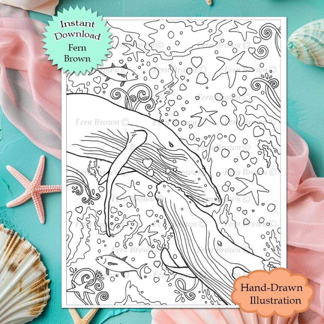 Whales in Love Coloring Page Instant Download Printable File Line Art ...