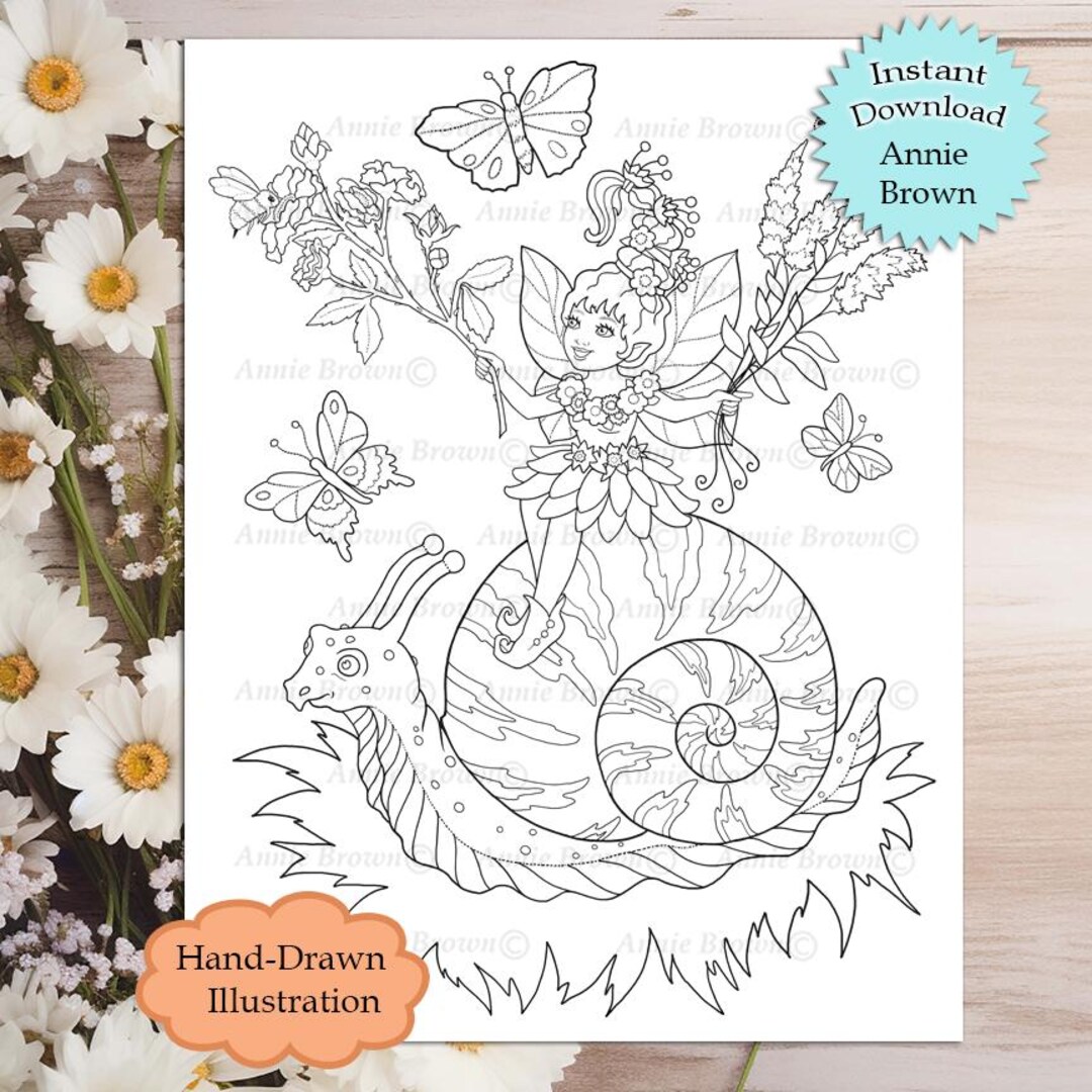 Snail Fairy Rider Coloring Page Instant Download Printable File Fairies ...