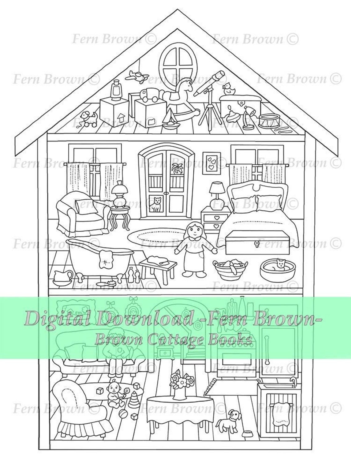 Doll House Coloring Page Family Cozy Home Coloring Instant Download ...