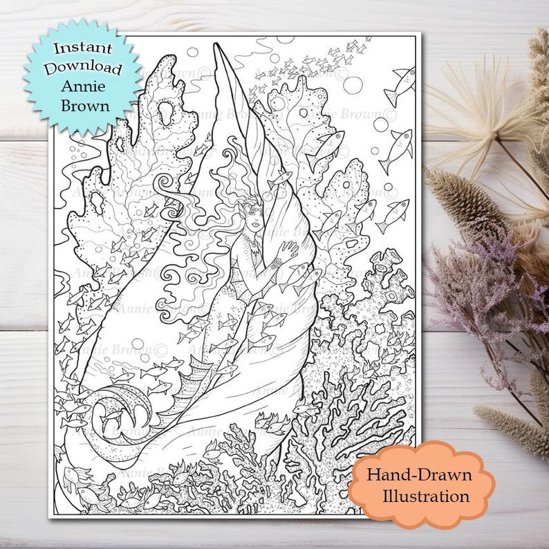 Mermaid Shell Hideaway Coloring Page, Instant Download Line Art by ...