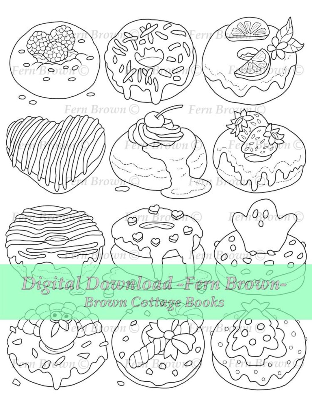 Donuts Pastries Coloring Page, Food Instant Download Line Art by Fern ...