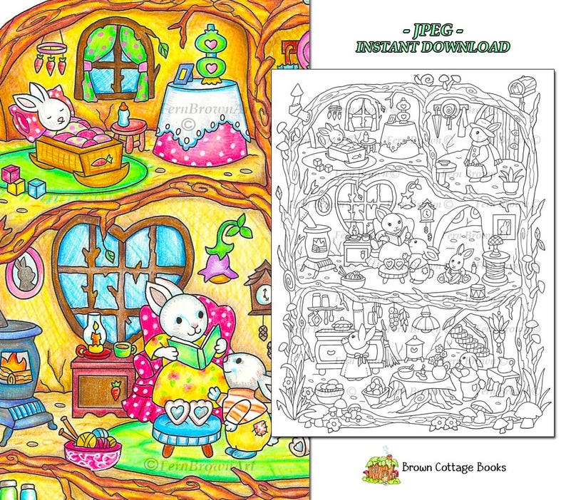 Bunny Burrow Coloring Page, Woodland Animal Line Art Printable, Instant ...