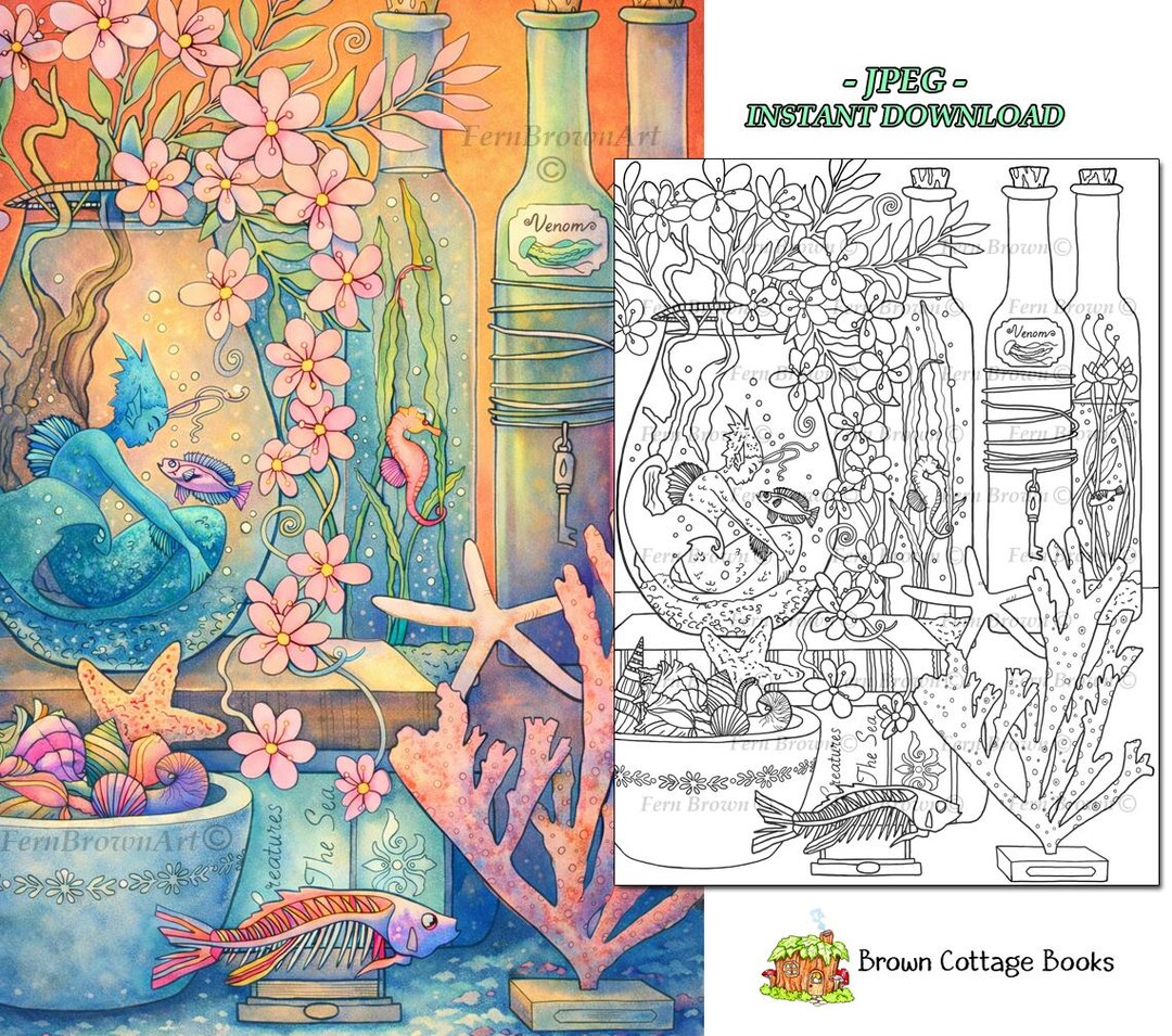 Mermaid Coloring Page, Sea Findings Fantasy, Instant Download, Line Art ...