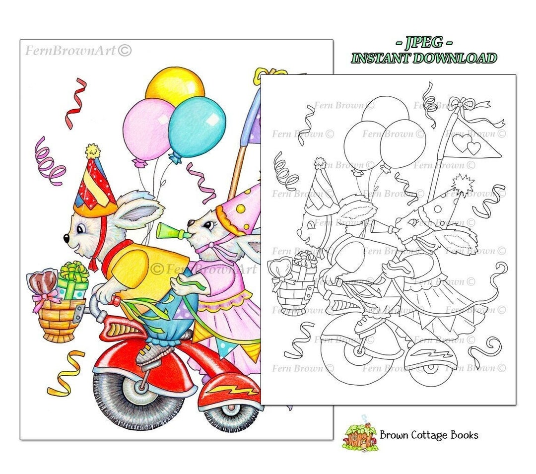 Bunny Birthday Coloring Page, Instant Download Line Art Animals by Fern ...