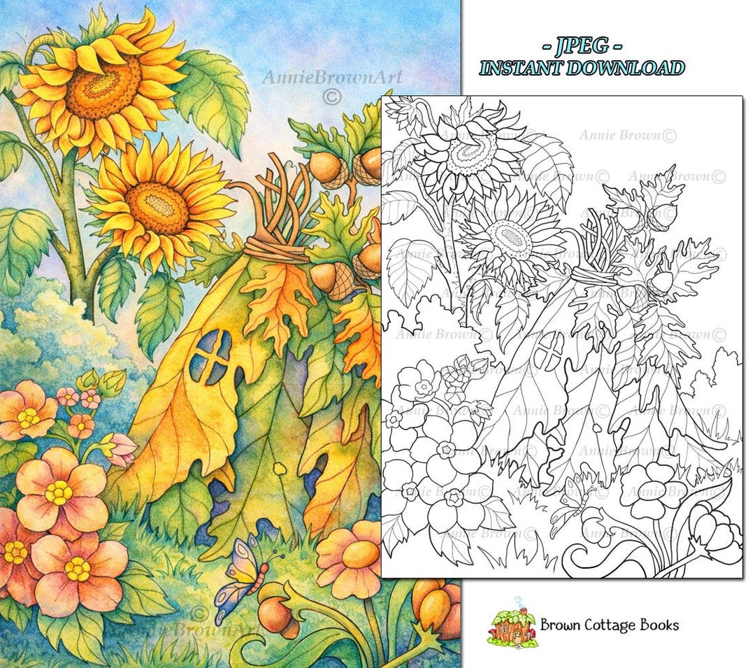 Sunflower Teepee Fairy Home Coloring Page, Printable Hand-drawn ...