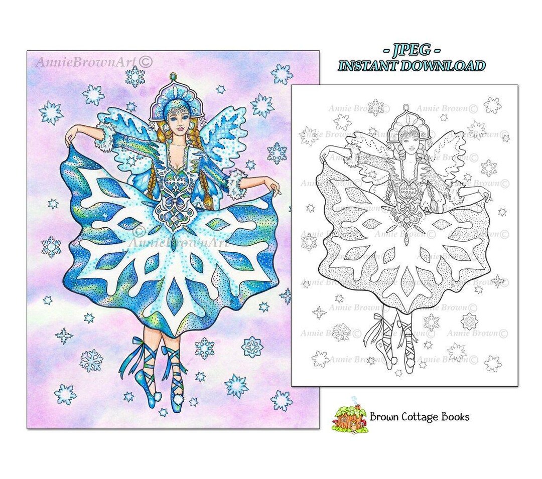 Ballerina Snow Fairy Coloring Page, Printable Hand-drawn Fantasy Art by ...