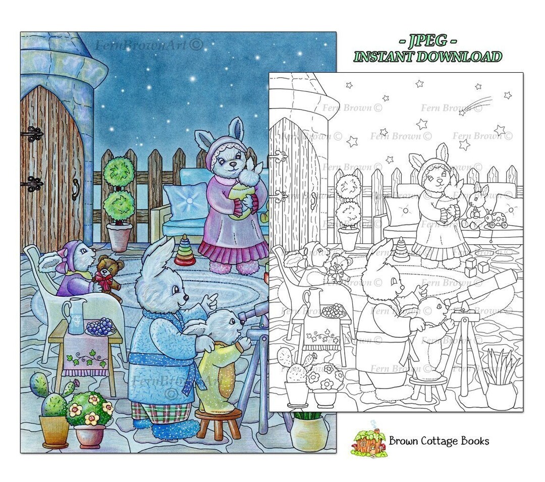 Bunny Stargazing Coloring Page, Cute Animal Night Sky Printable Art ...