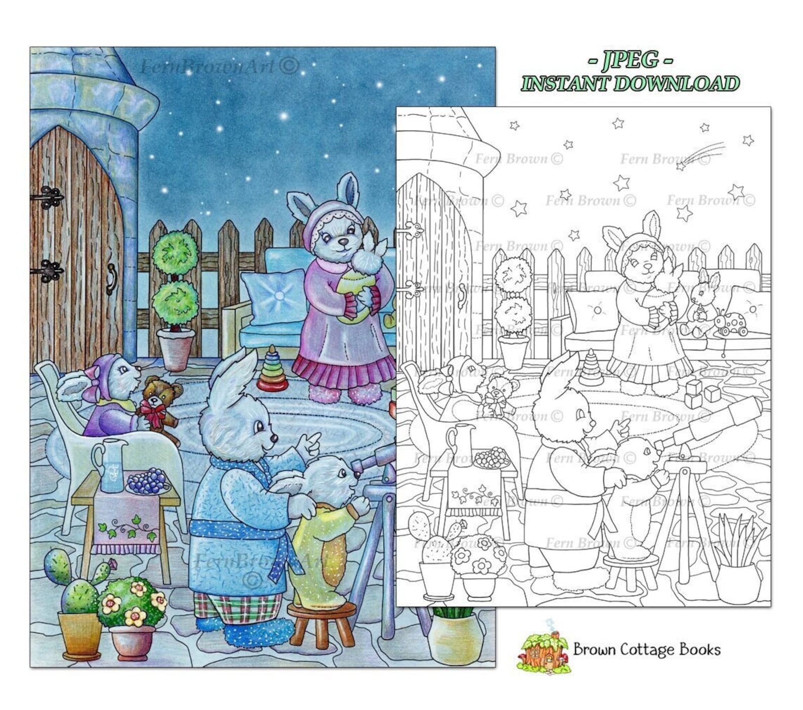 Bunny Stargazing Coloring Page, Animal Instant Download Line Art by ...