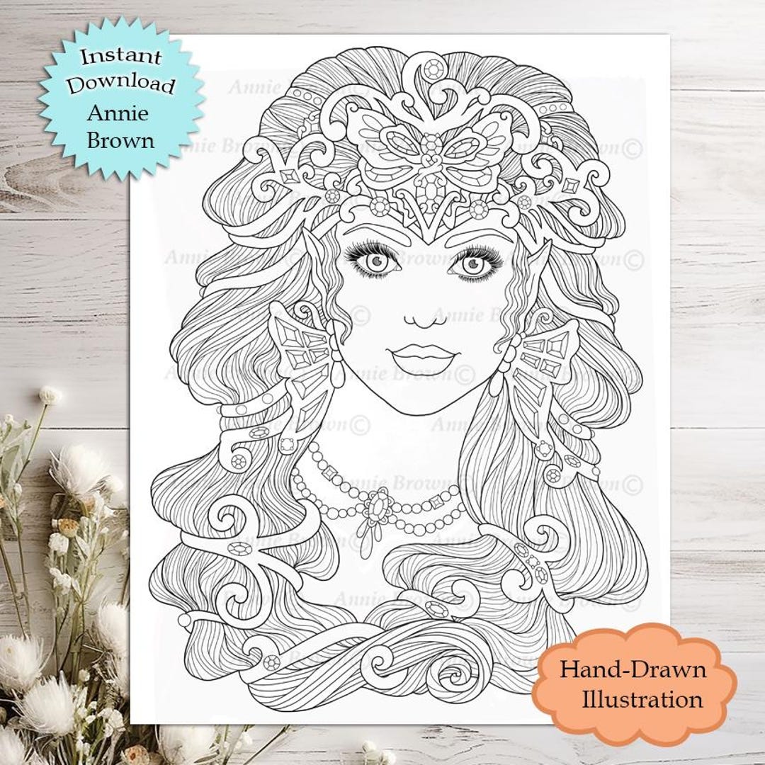 Jewel Fairy Maiden Coloring Page Instant Download Printable File Line ...