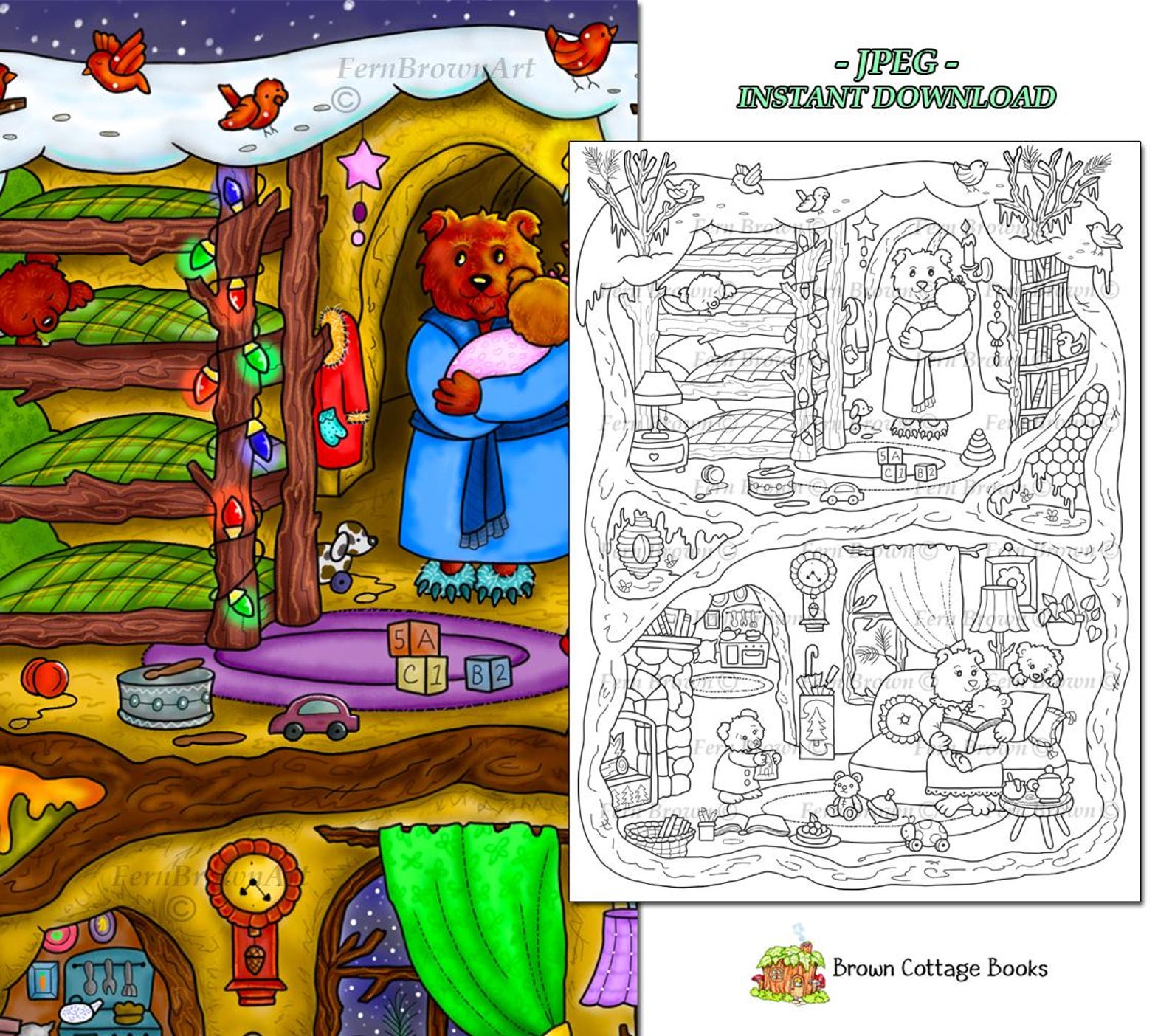 Bear Burrow Coloring Page, Animal Printable Art Line Art by Fern Brown ...