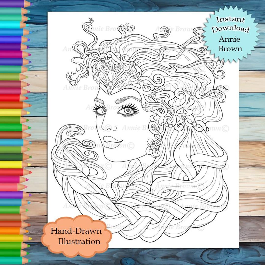 Crowned Fairy Maiden Coloring Page, Instant Download Printable File ...