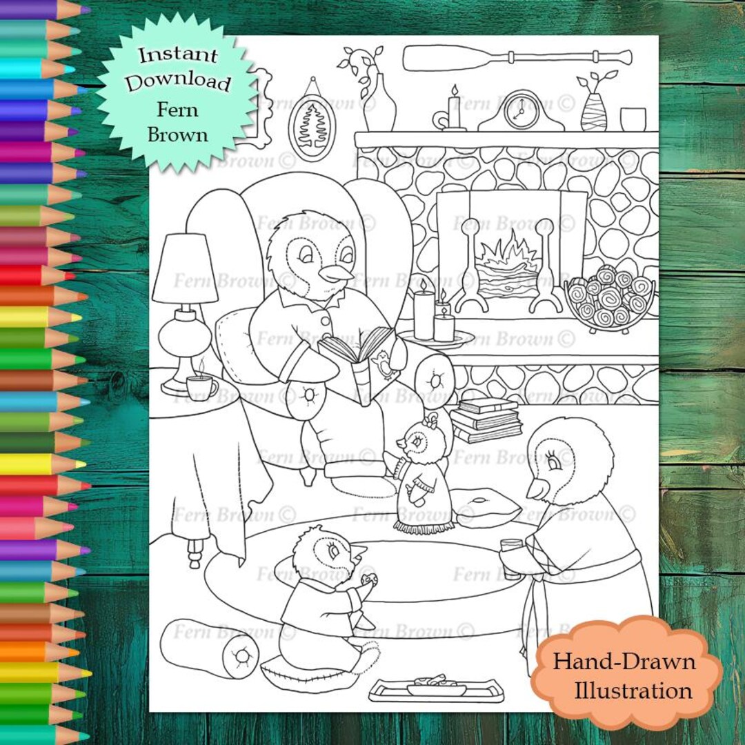Penguin Story Time Coloring Page, Instant Download Line Art by Fern ...