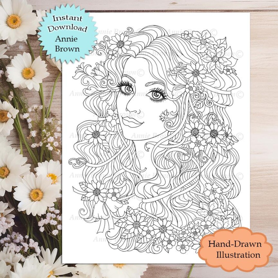 Flower Ribbons Fairy Maiden Coloring Page Instant Download Printable ...