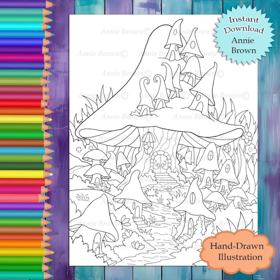 Fairy Mushroom Village Home Coloring Page, Printable Hand-drawn Fantasy ...