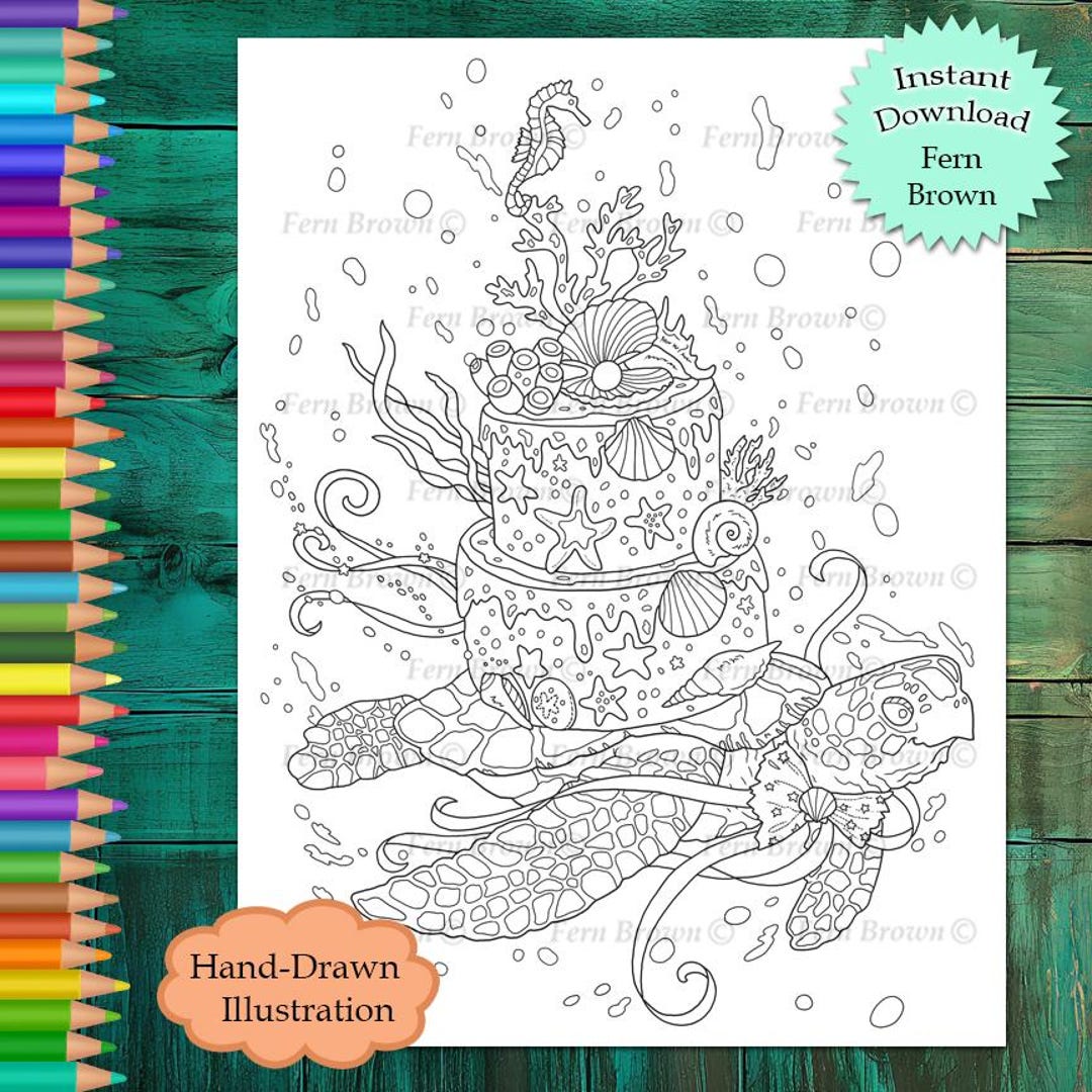 Turtle Birthday Cake Coloring Page Instant Download Printable File Line ...
